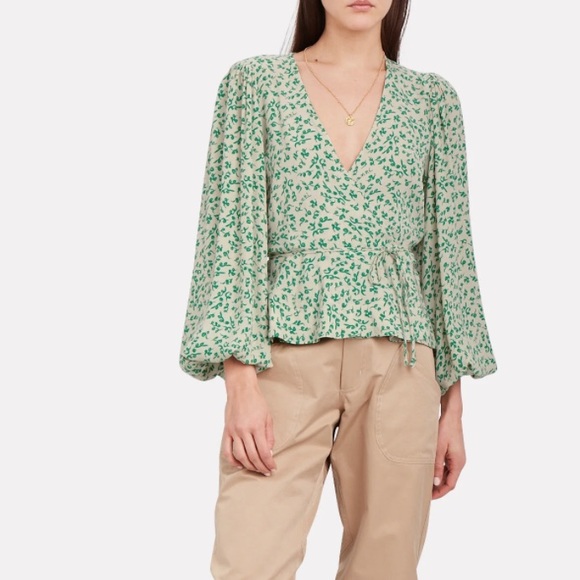 Ganni | Tops | Ganni Leaf Print Crepe Wrap Blouse In Green | Poshmark